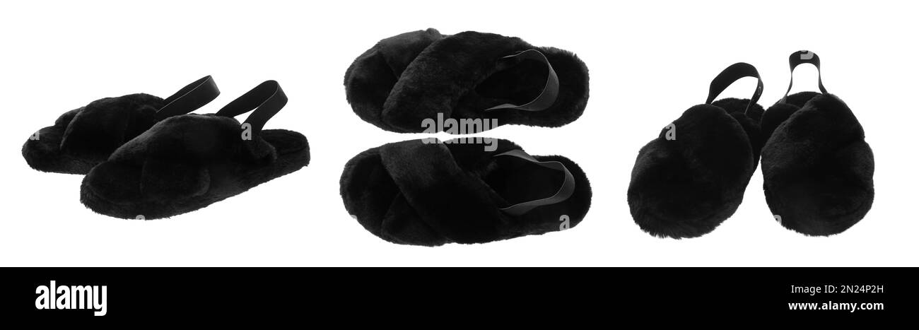 Collage with fluffy slippers on white background. Banner design Stock ...