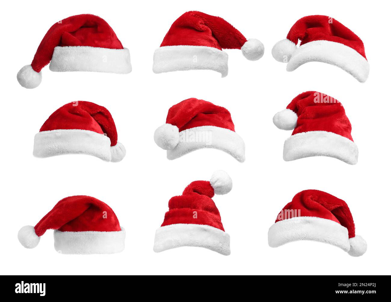 Set of red Santa hats on white background Stock Photo - Alamy