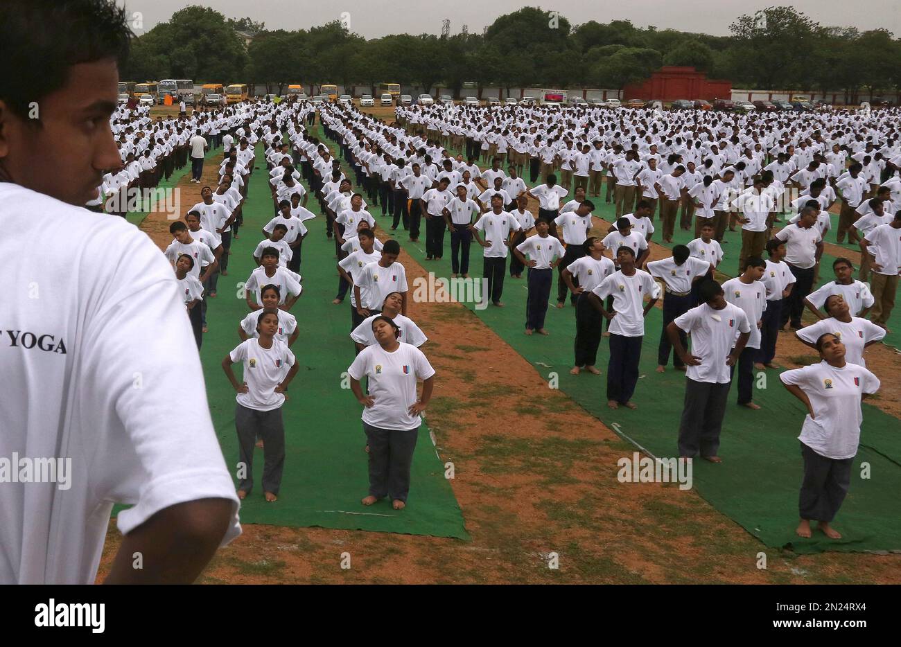Indian school children perform yoga in Hyderabad, India, Sunday, June ...