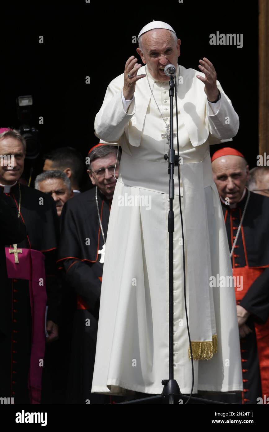 Pope Francis gestures as he speaks at the Santa Maria Ausiliatrice ...
