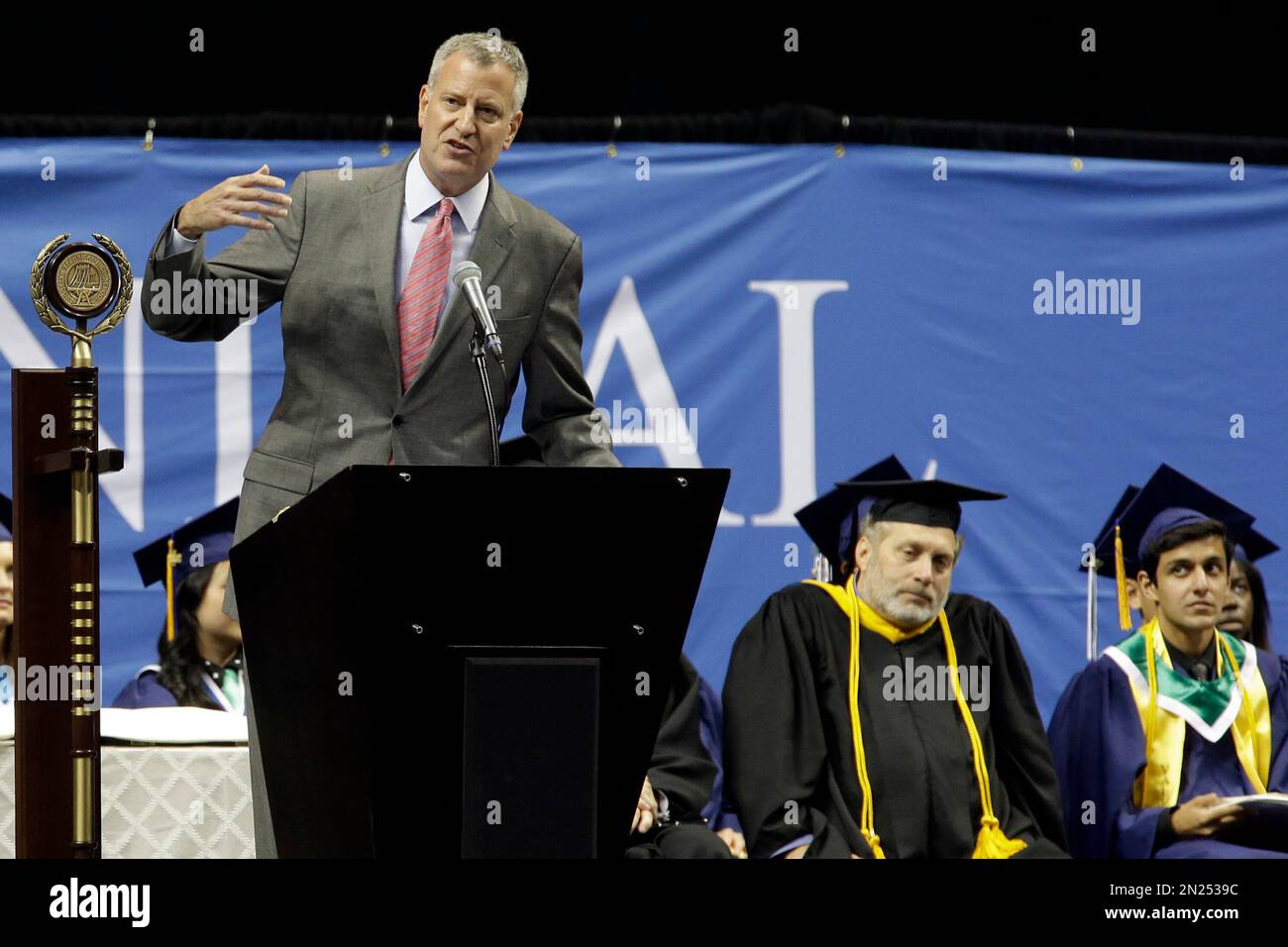 New York City Mayor Bill de Blasio addresses the Brooklyn Technical ...
