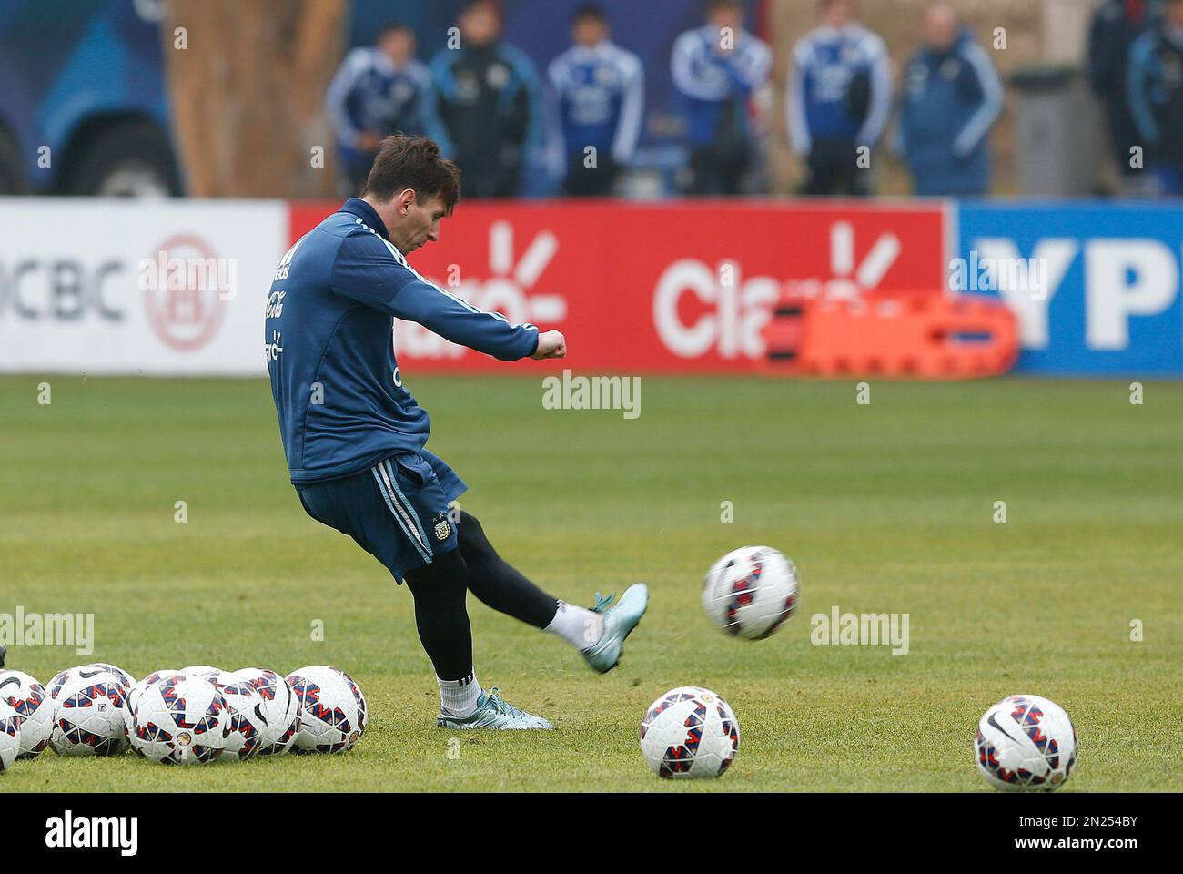 Argentina's Lionel Messi practices his kicks during a training session ...