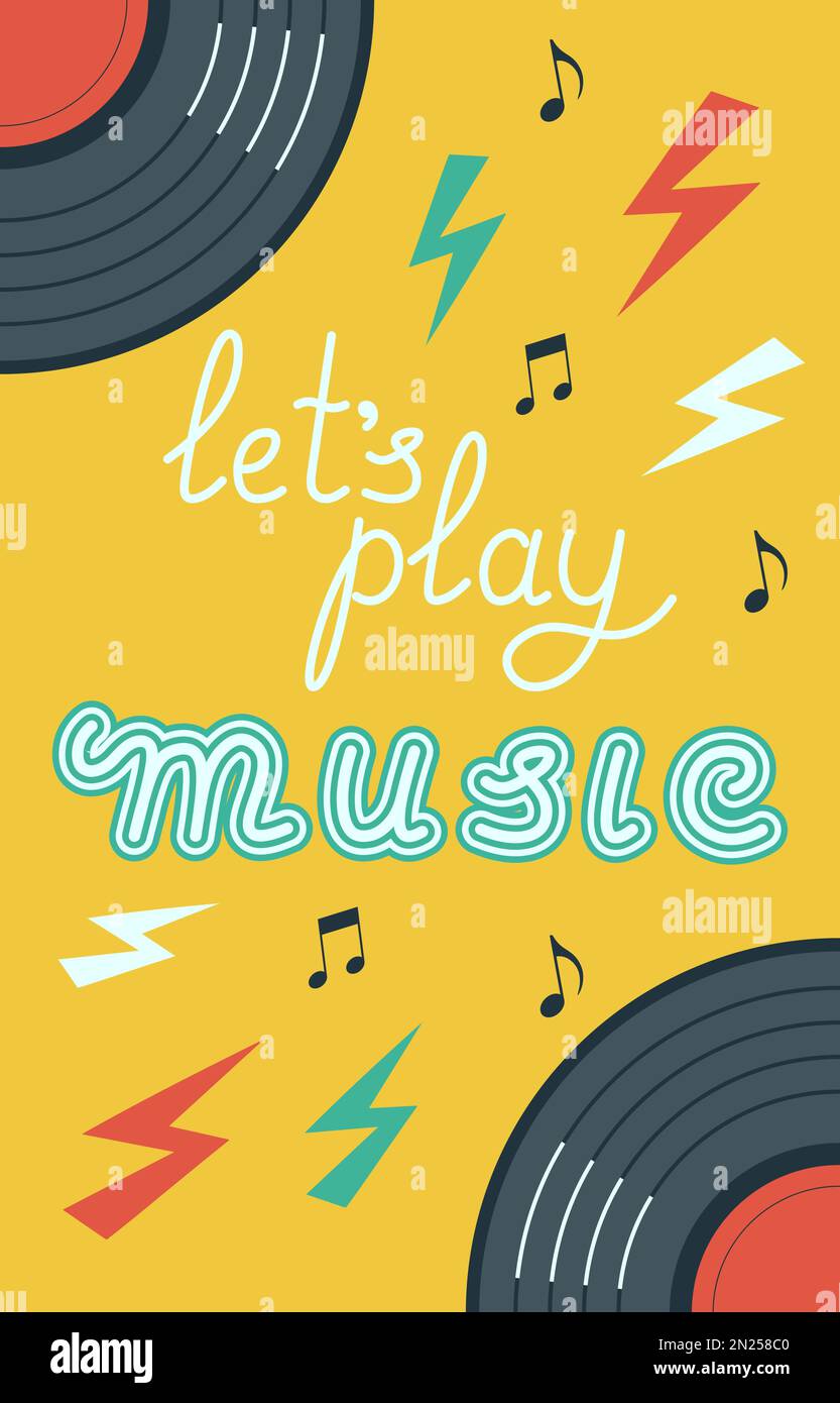 Lets Play Music Banner With Lettering And Vinyl Records Vector ...