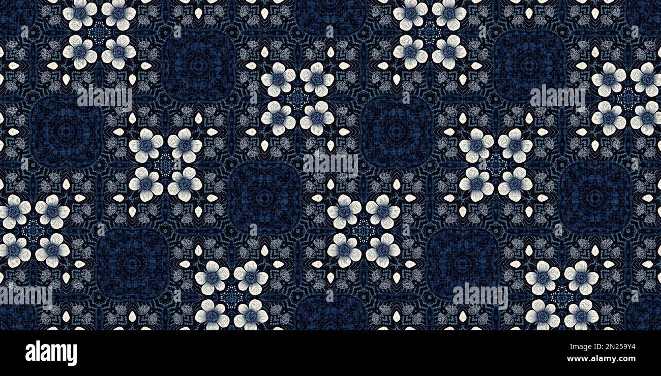 Retro indigo floral bandana 2 tone patterned fabric border background ...