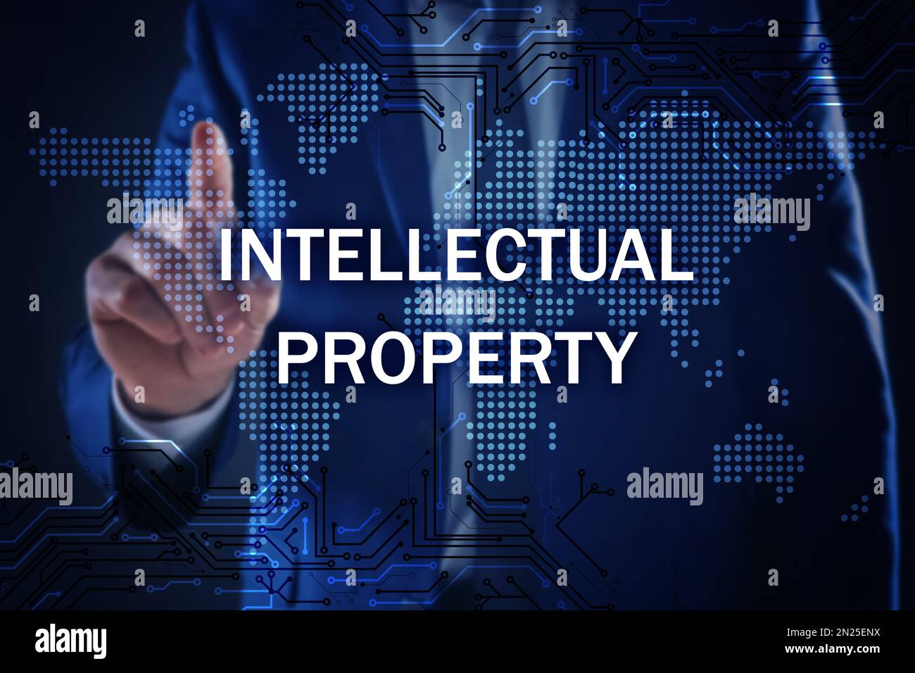 Intellectual property concept. Man using virtual screen with world map ...