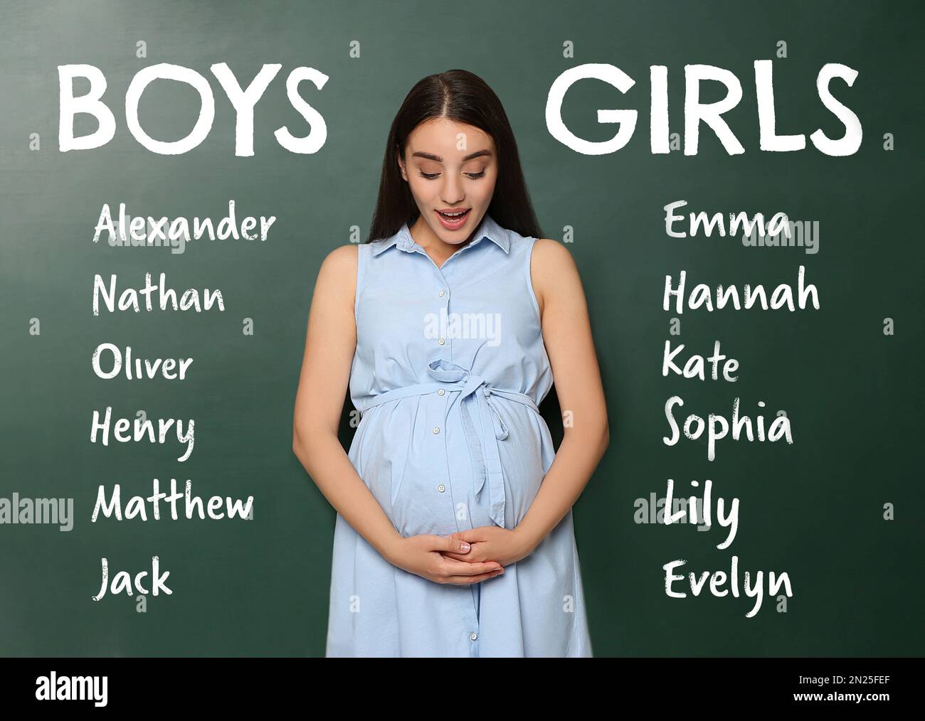 Pregnant woman choosing name for her child. Future mother near green ...
