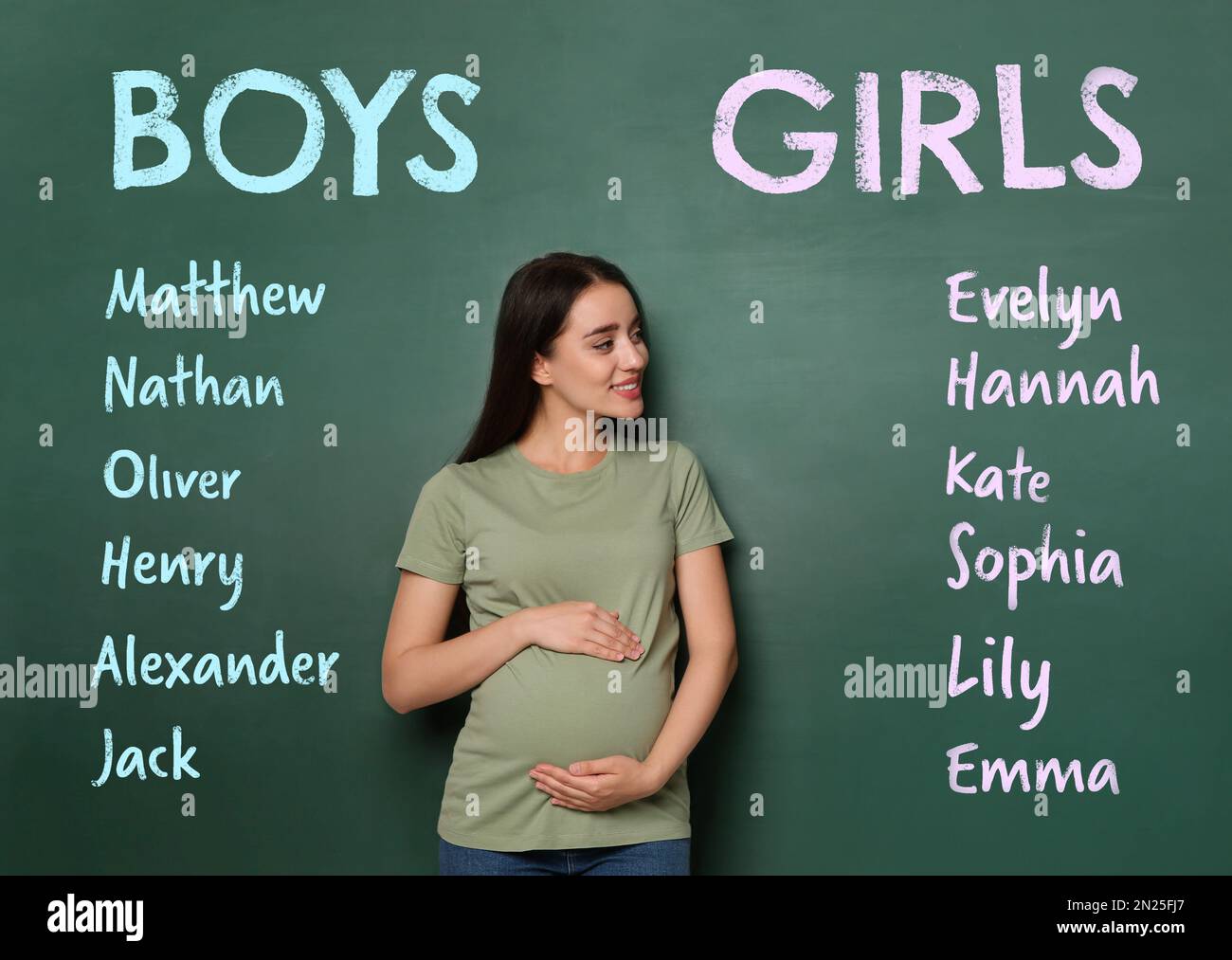 Pregnant woman choosing name for her child. Future mother near green ...