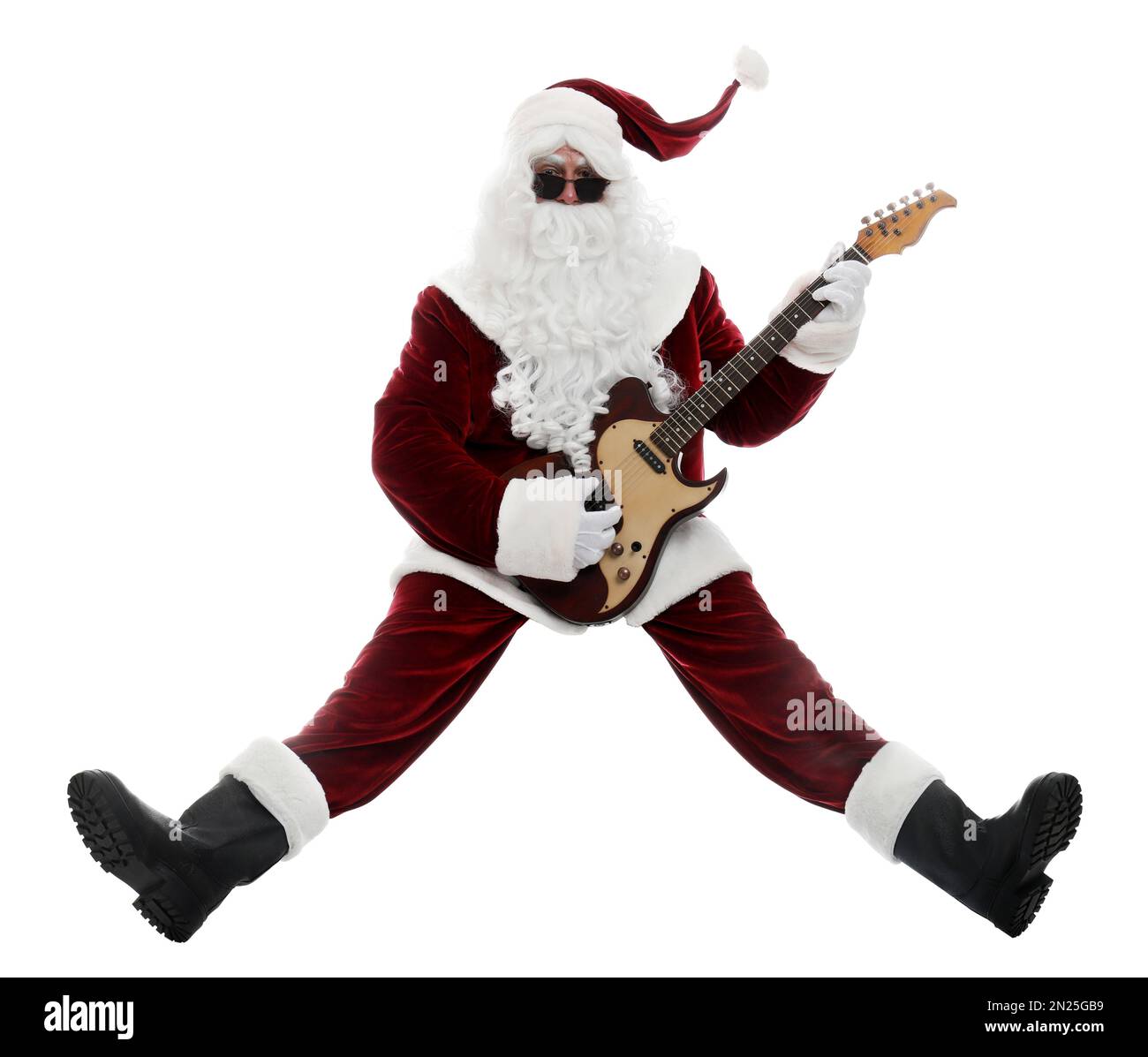 Santa Claus playing electric guitar on white background. Christmas ...