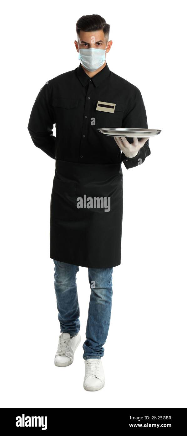 Waiter in medical face mask holding tray on white background Stock ...