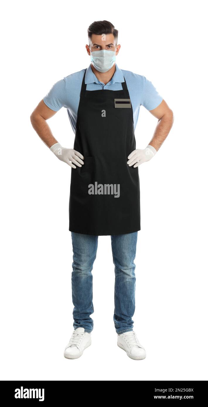 Waiter wearing medical face mask on white background Stock Photo - Alamy