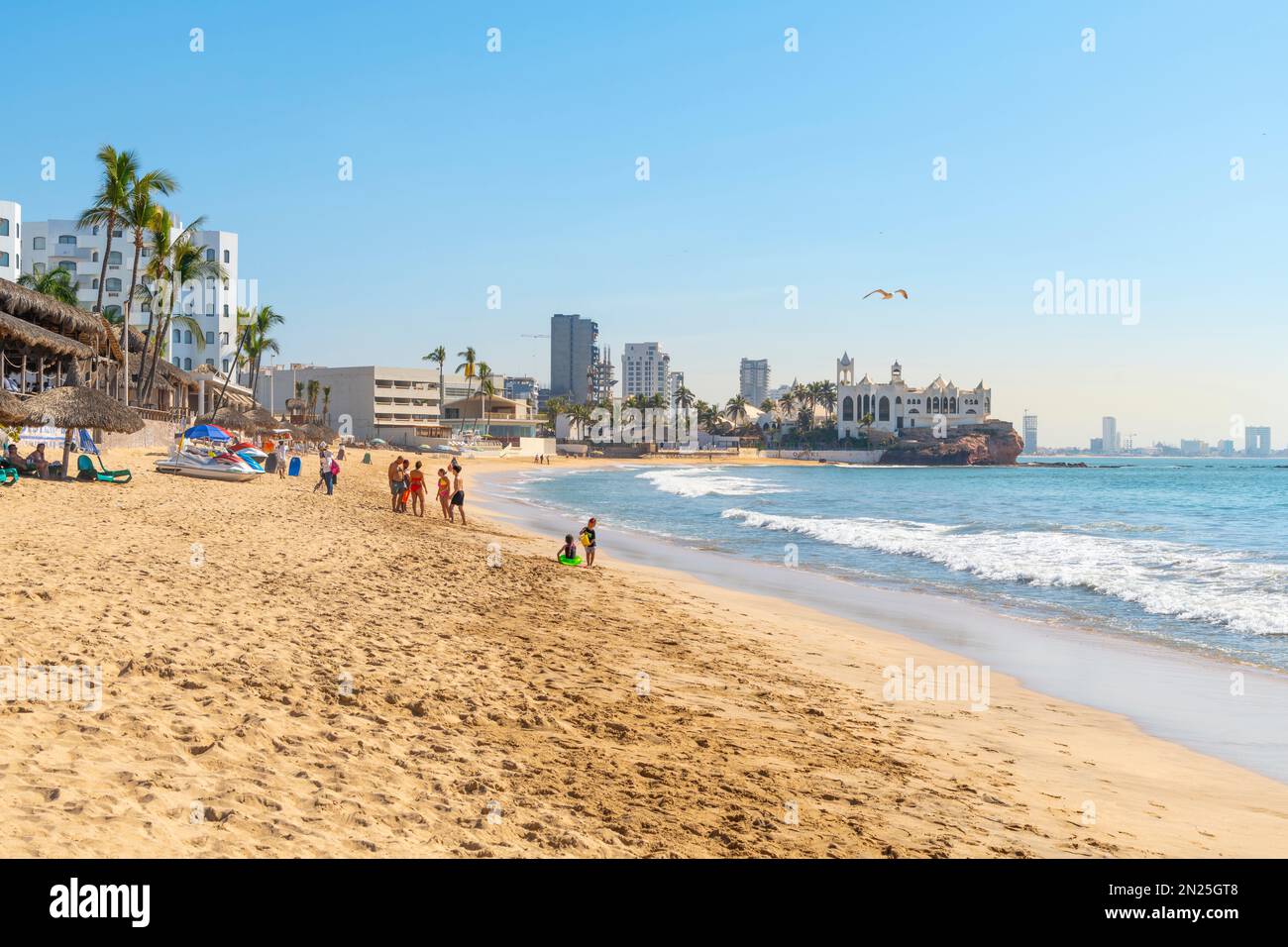 The oceanfront landmark Valentinos seen from a private sandy beach ...