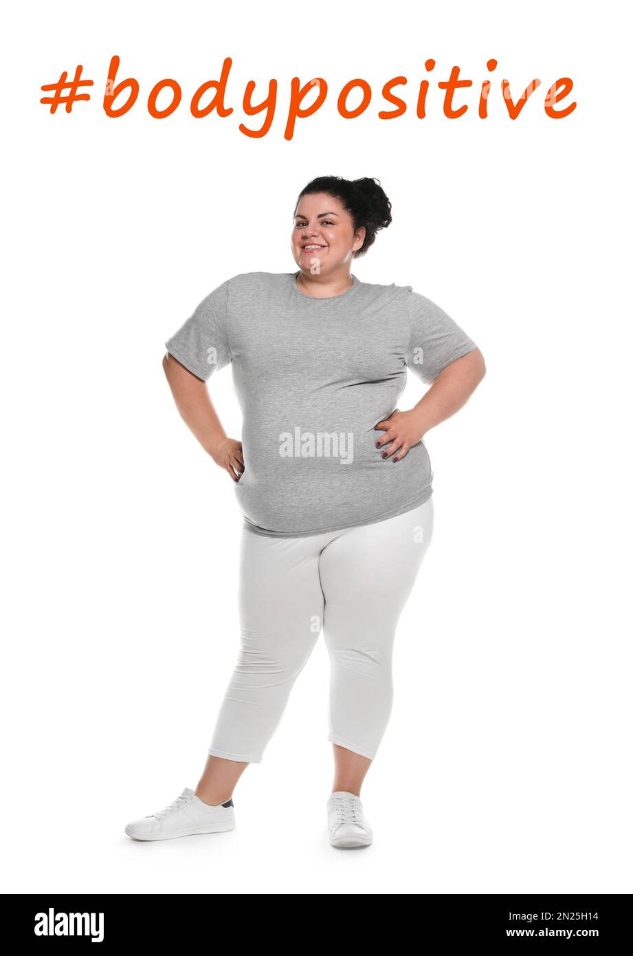 Beautiful woman and hashtag Bodypositive on white background Stock ...
