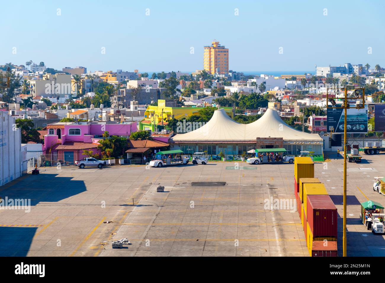 Aerial view overlooking the cruise port and tourist tram at the ...