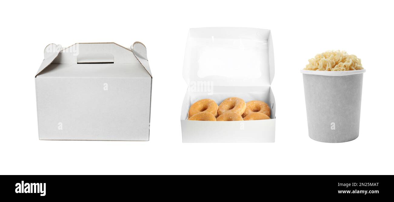 Collage of cardboard containers with fresh food on white background ...