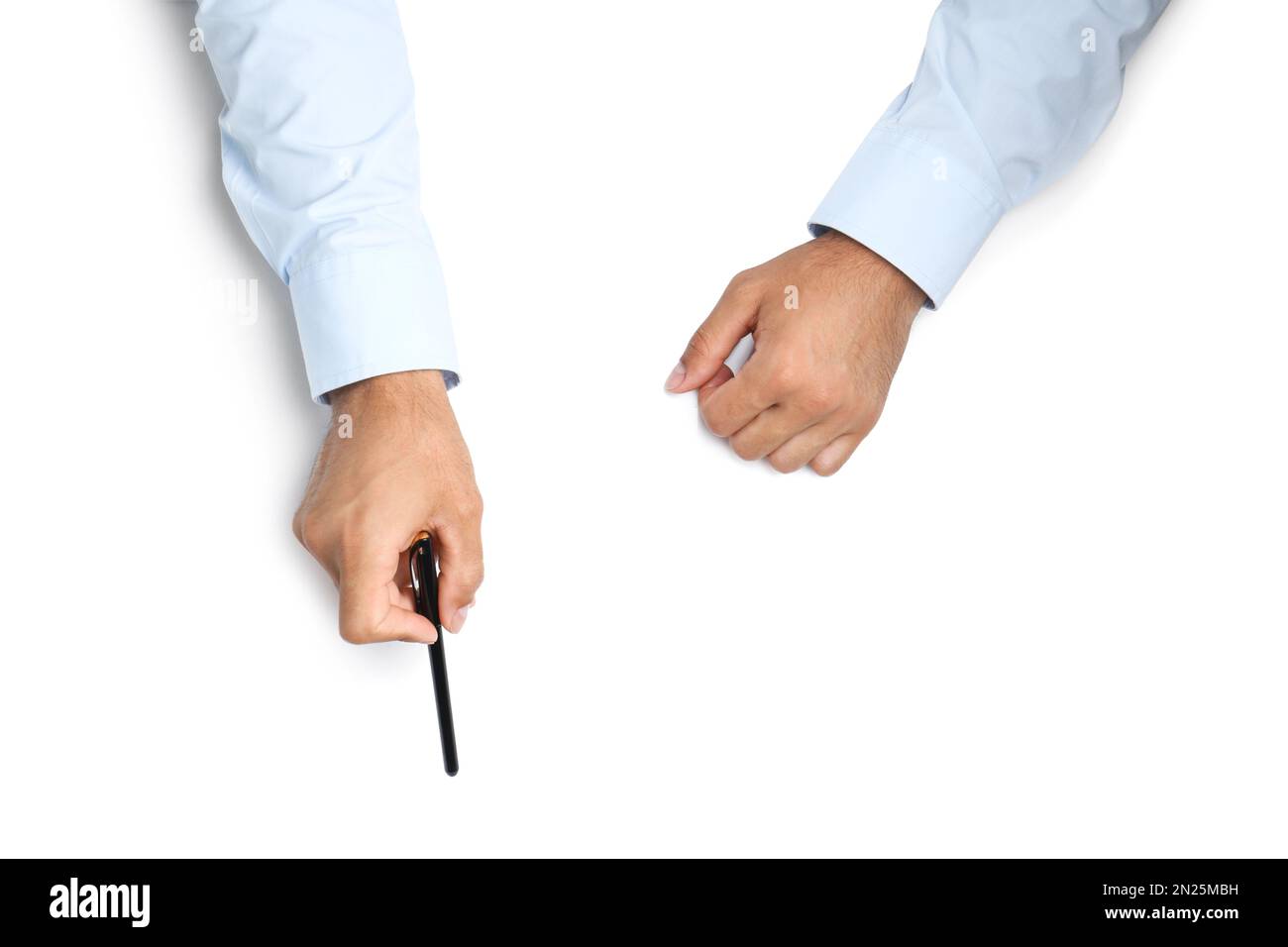 Man with pen on white background, top view. Closeup of hands Stock ...