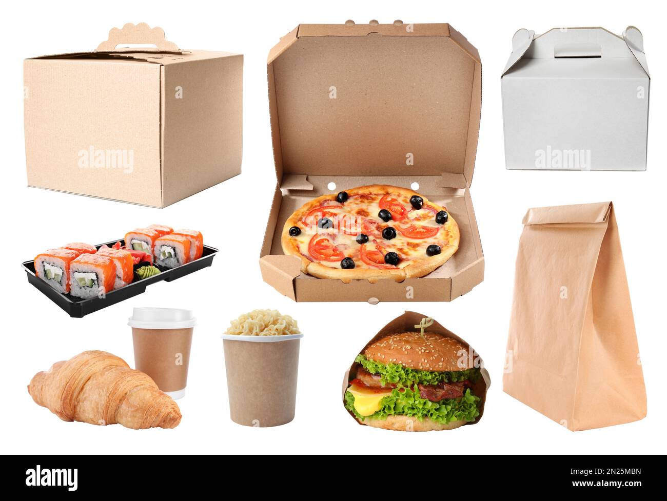 Collage of cardboard and plastic containers with fresh food on white ...