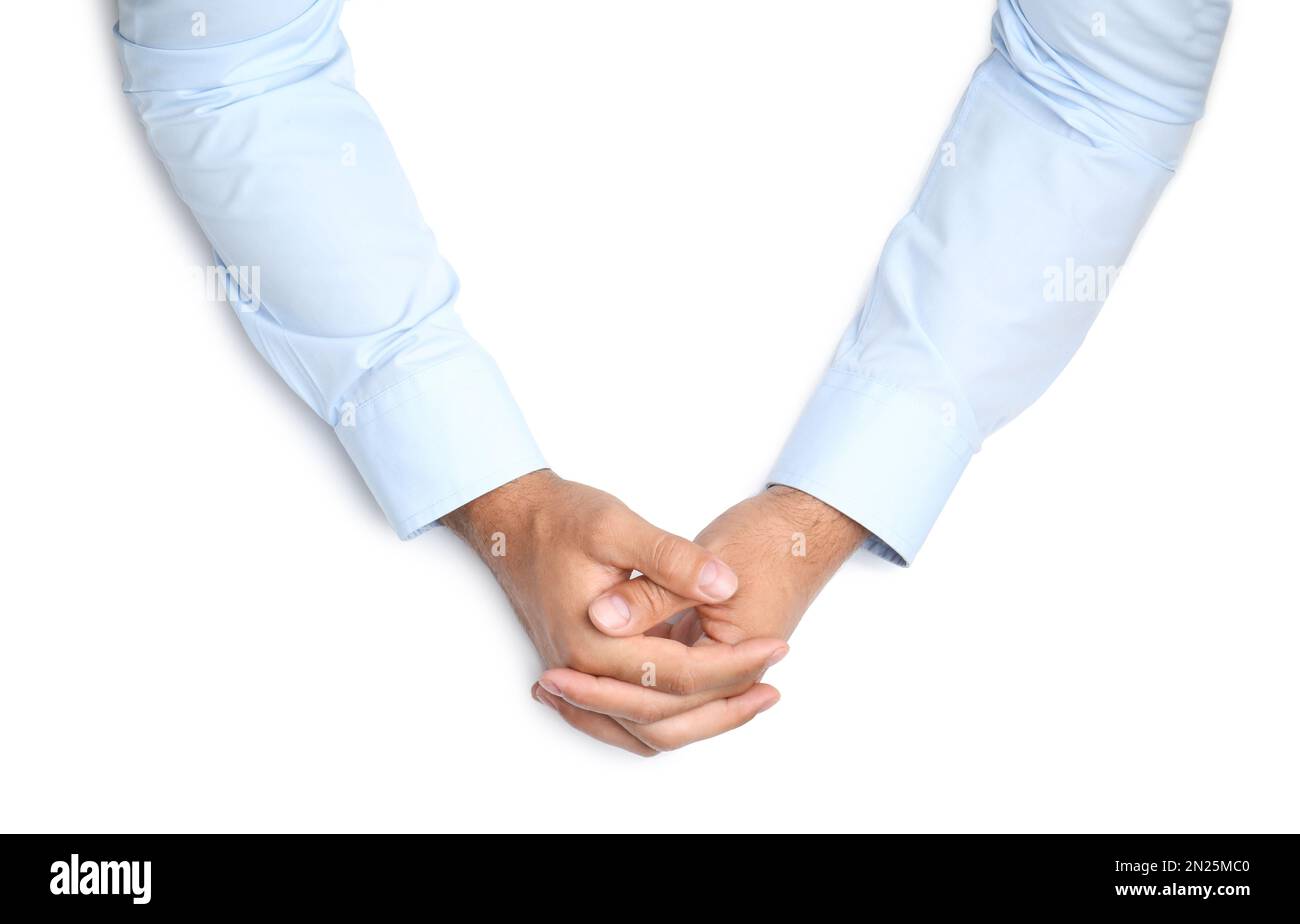 Man on white background, top view. Closeup of hands Stock Photo - Alamy