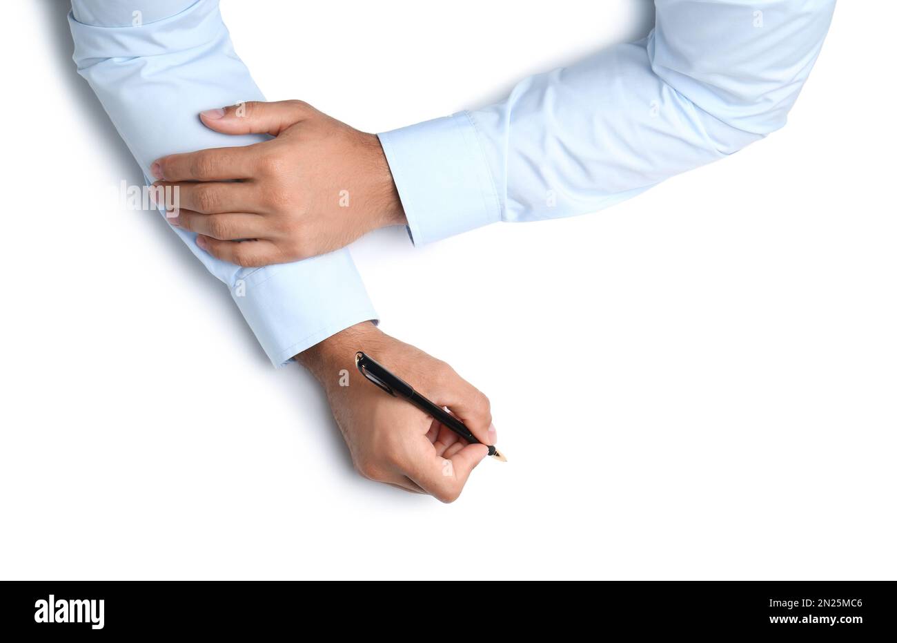 Man with pen on white background, top view. Closeup of hands Stock ...