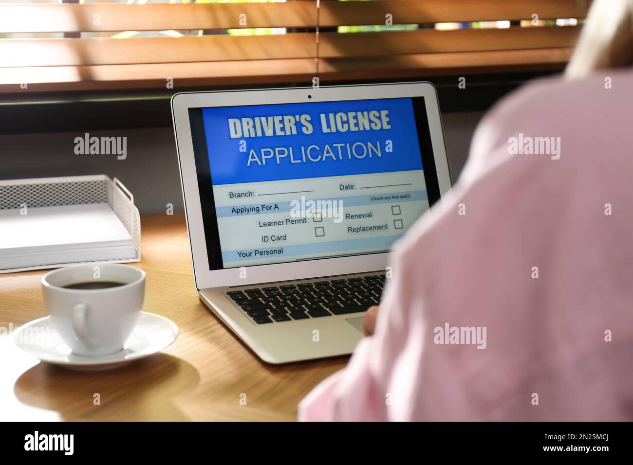 Woman using laptop to fill driver's license application form at table in office, closeup Stock ...