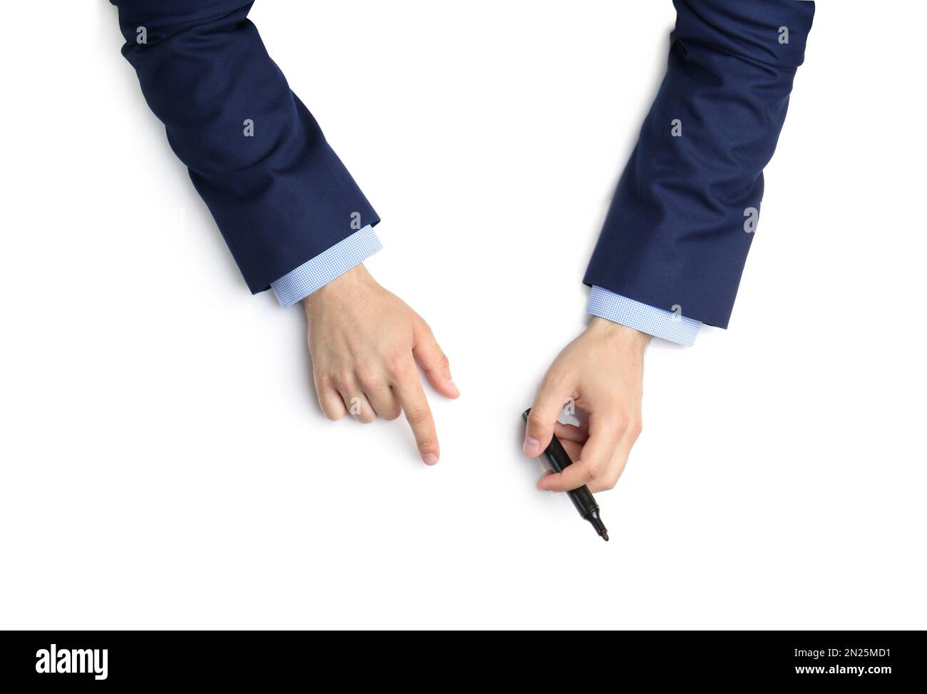 Man with marker on white background, top view. Closeup of hands Stock ...