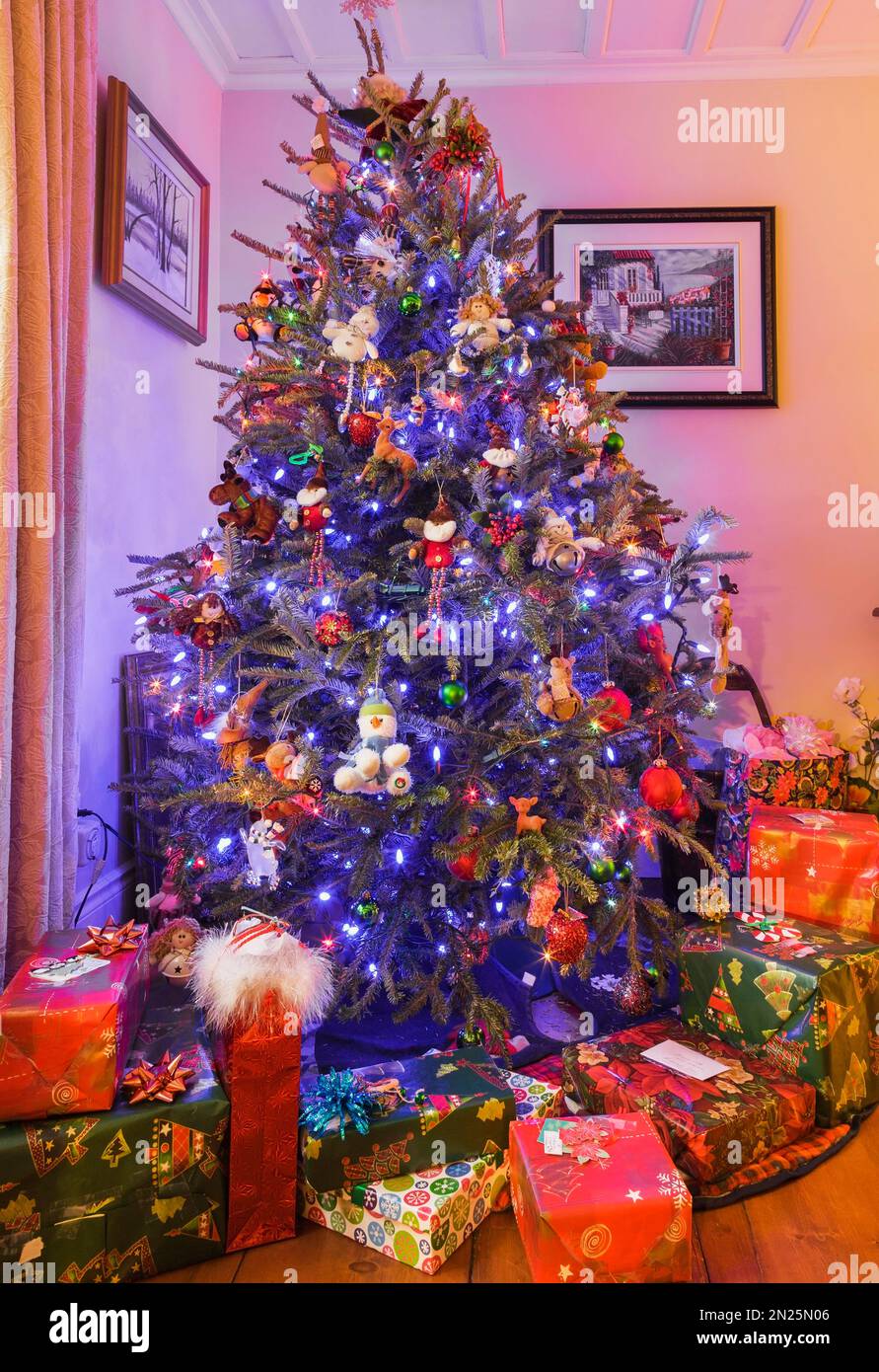 Illuminated Christmas tree and wrapped presents in living room inside ...