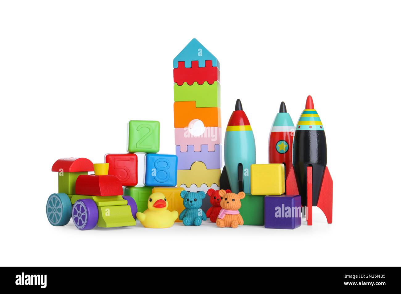 Set of different toys on white background Stock Photo - Alamy