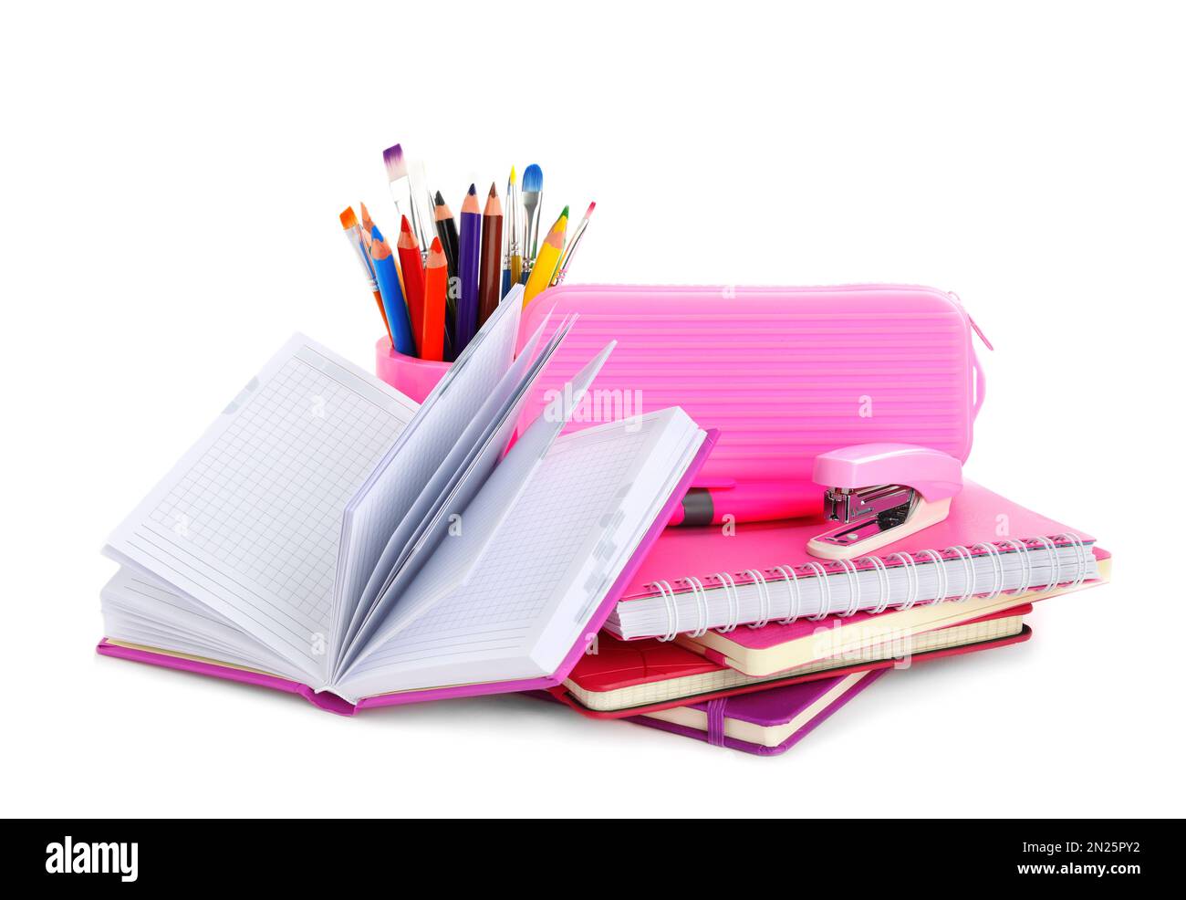 Set of colorful school stationery on white background Stock Photo - Alamy