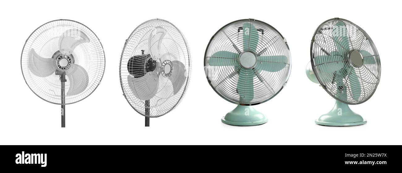 Two fans on white background, collage with views from different sides ...