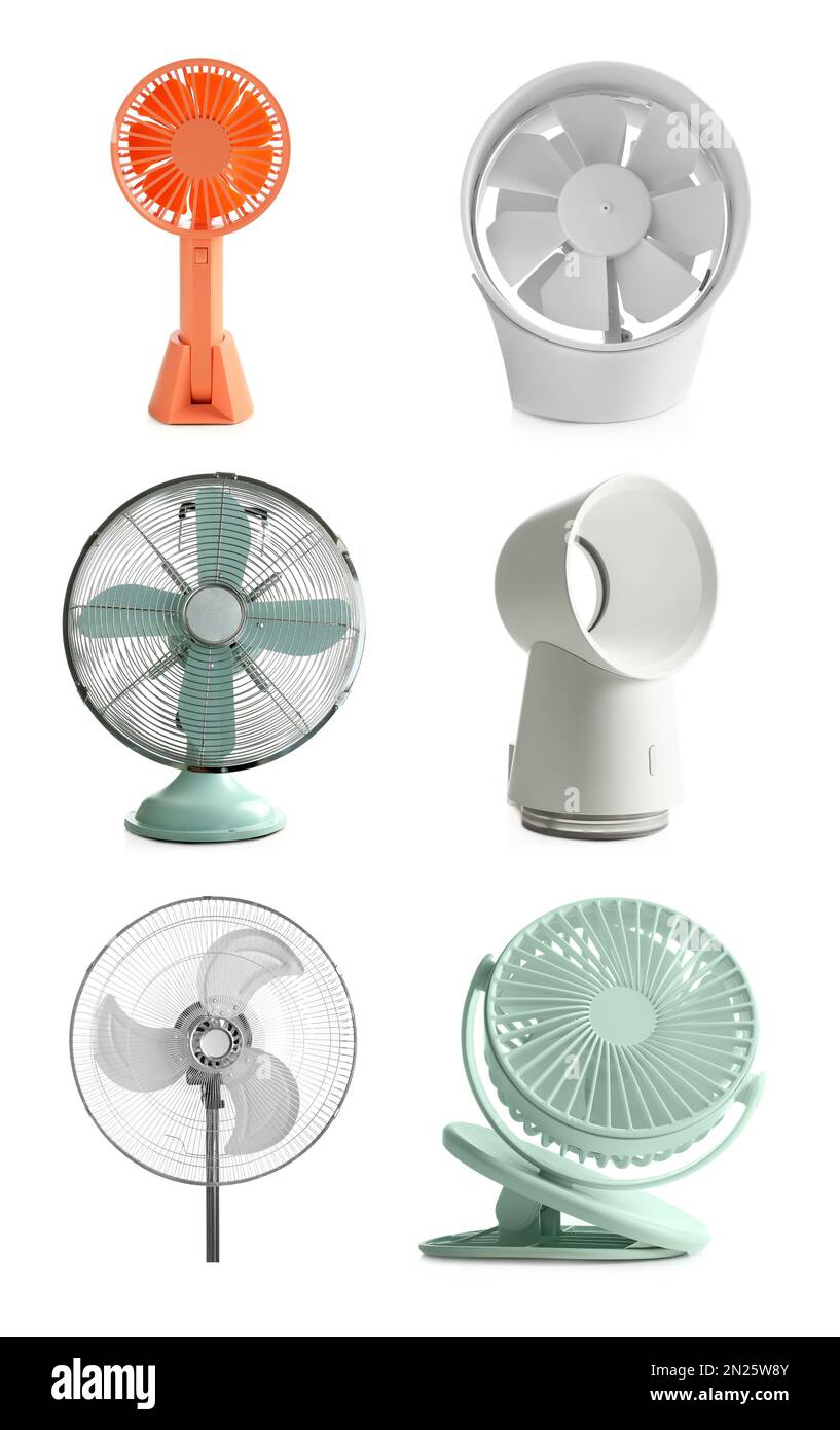 Set of different fans on white background Stock Photo - Alamy