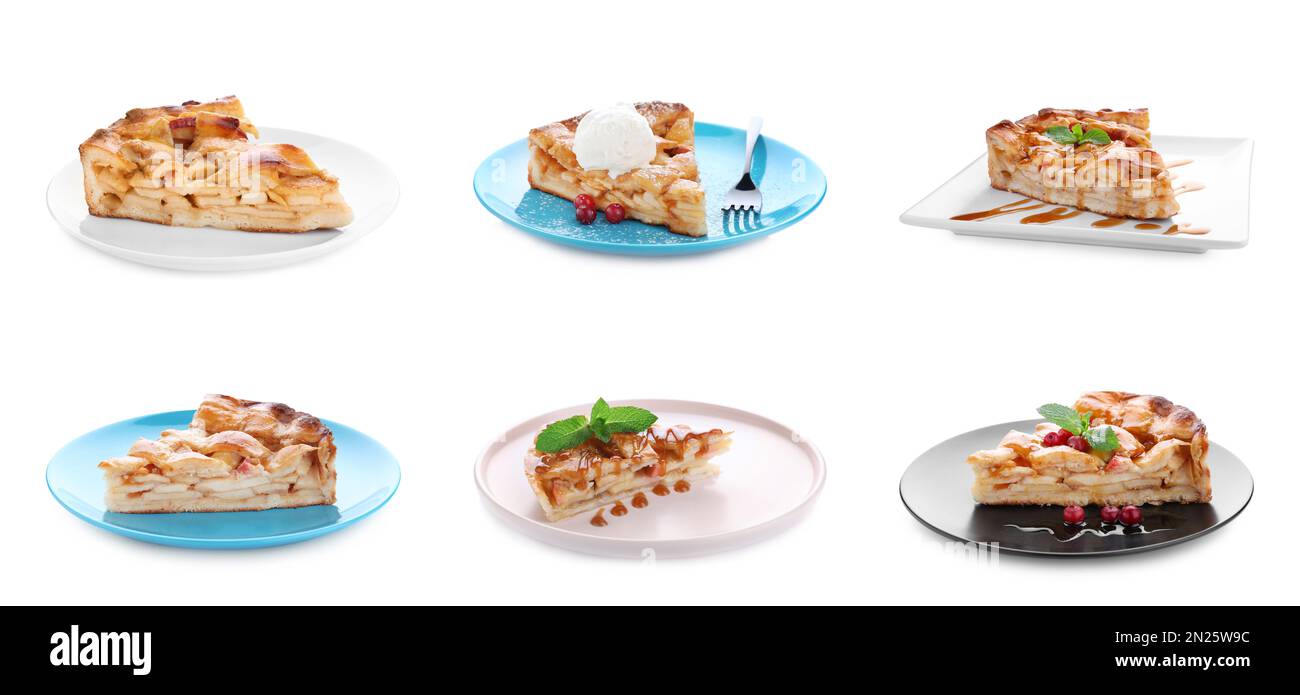 Set with slices of traditional apple pies on white background, banner ...