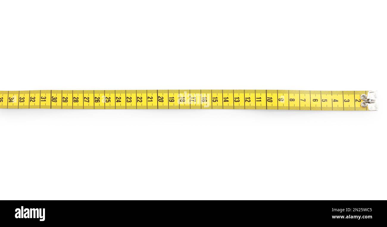 New yellow measuring tape isolated on white, top view Stock Photo - Alamy