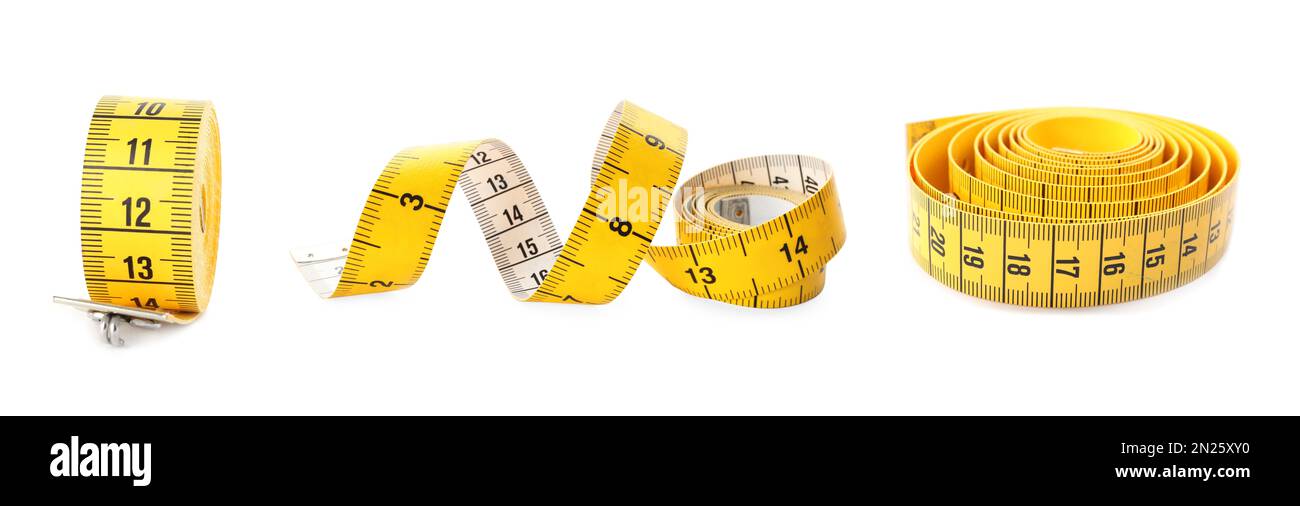 Set of yellow measuring tapes on white background. Banner design Stock ...