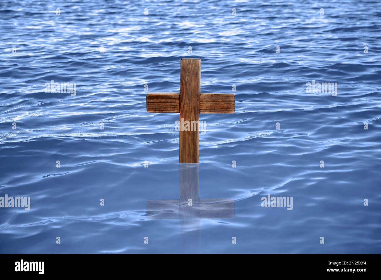 Wooden cross in river for religious ritual known as baptism Stock Photo ...