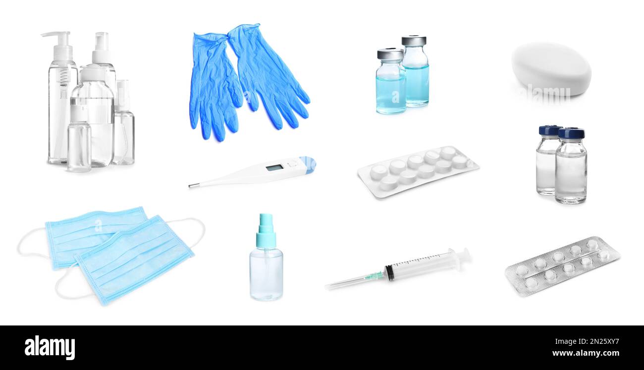 Set with disposable gloves and other medical items on white background ...