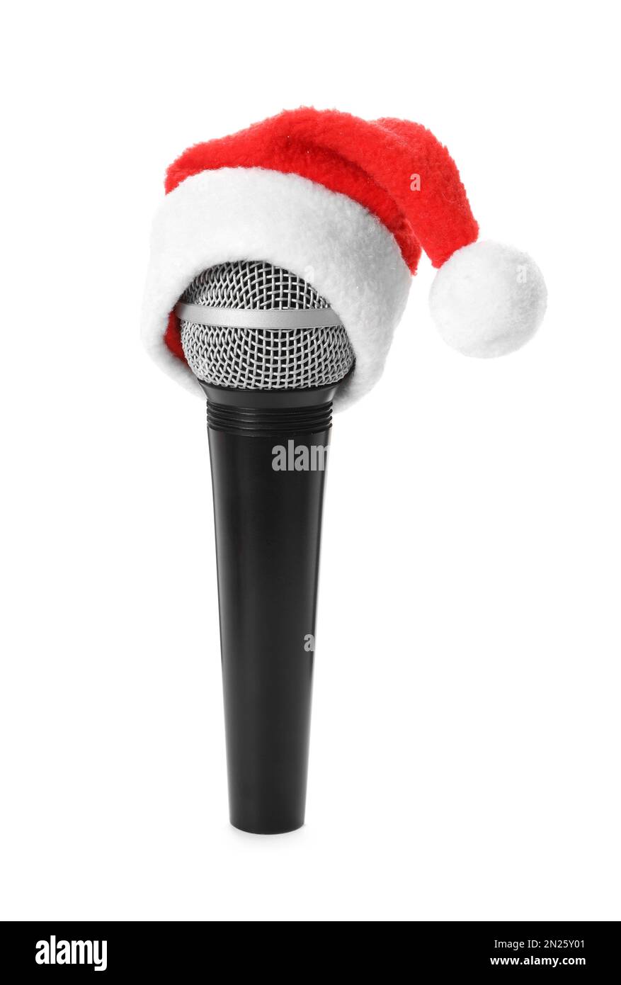 Microphone with Santa hat isolated on white. Christmas music Stock ...