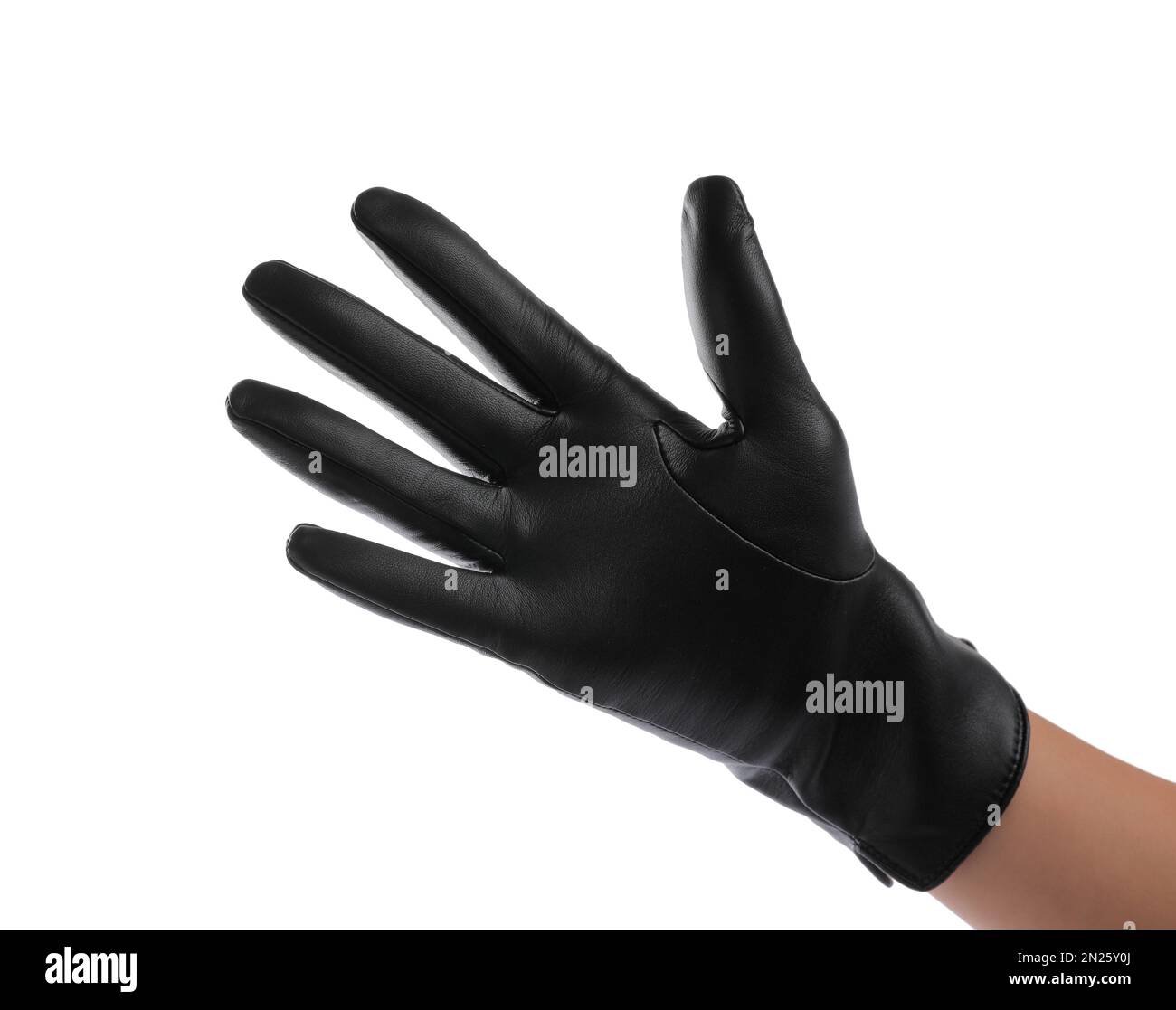 Woman wearing black leather glove on white background, closeup Stock Photo - Alamy
