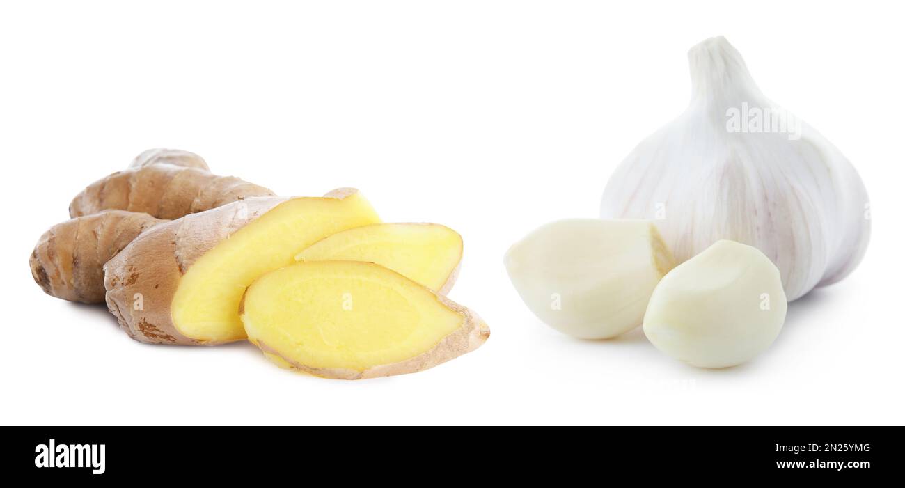 Ginger root and garlic on white background. Banner design Stock Photo ...