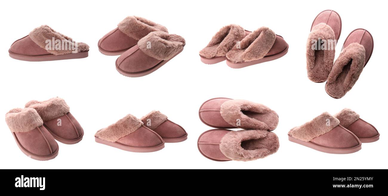 Collage with closed toe slippers on white background. Banner design ...