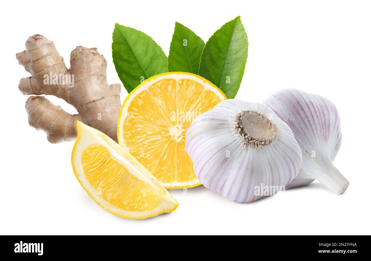 Ginger root, garlic and lemon on white background Stock Photo - Alamy