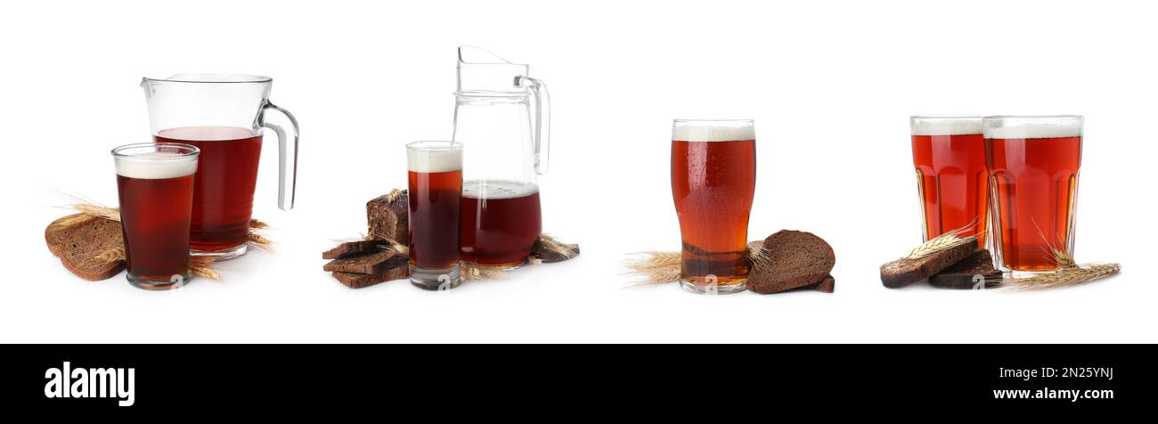 Collage with delicious kvass on white background. Banner design Stock ...