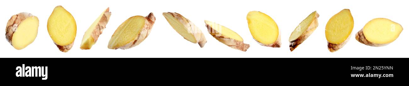 Set of fresh ginger slices on white background. Banner design Stock ...