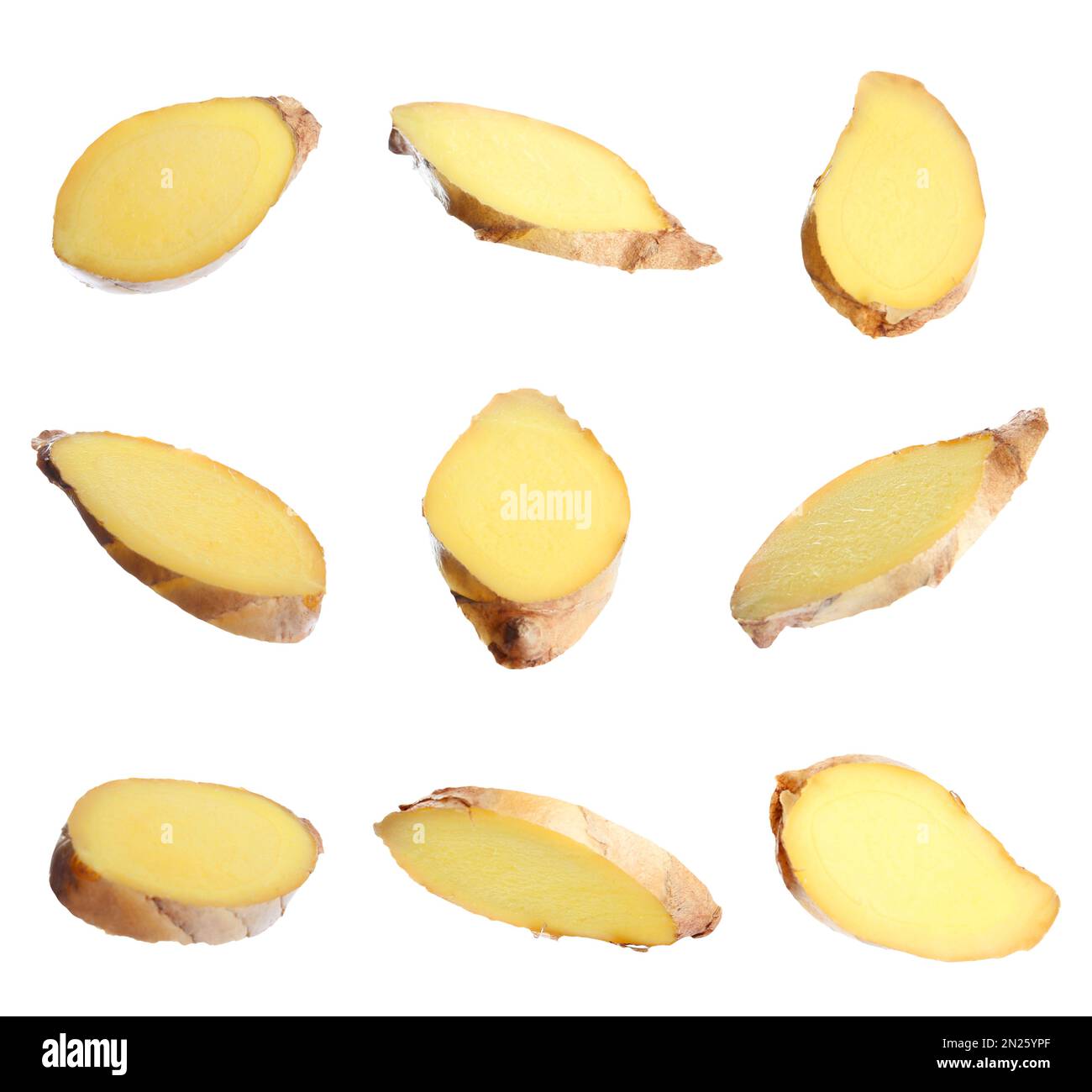 Set of fresh ginger slices on white background Stock Photo - Alamy