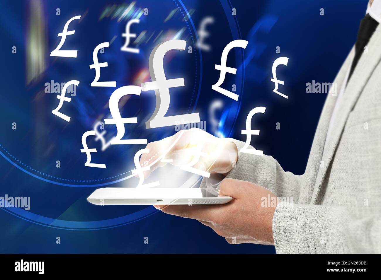 Money exchange concept. Businessman with tablet computer on blue ...