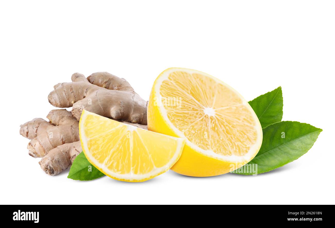 Fresh ginger root and lemon on white background Stock Photo - Alamy