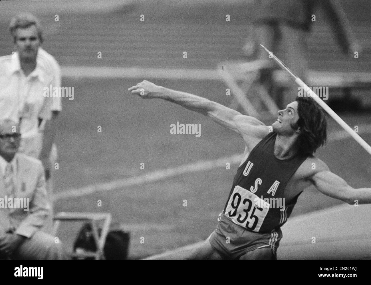 California's Bruce Jenner tosses the javelin in the decathlon ...