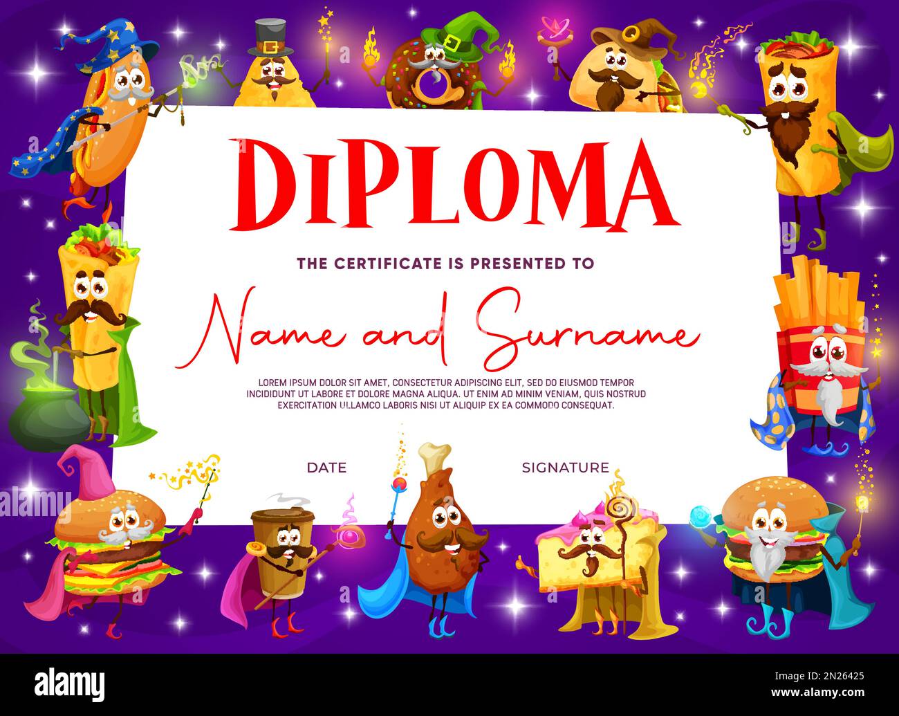 Kids diploma fast food cartoon wizard and mage characters. Vector ...