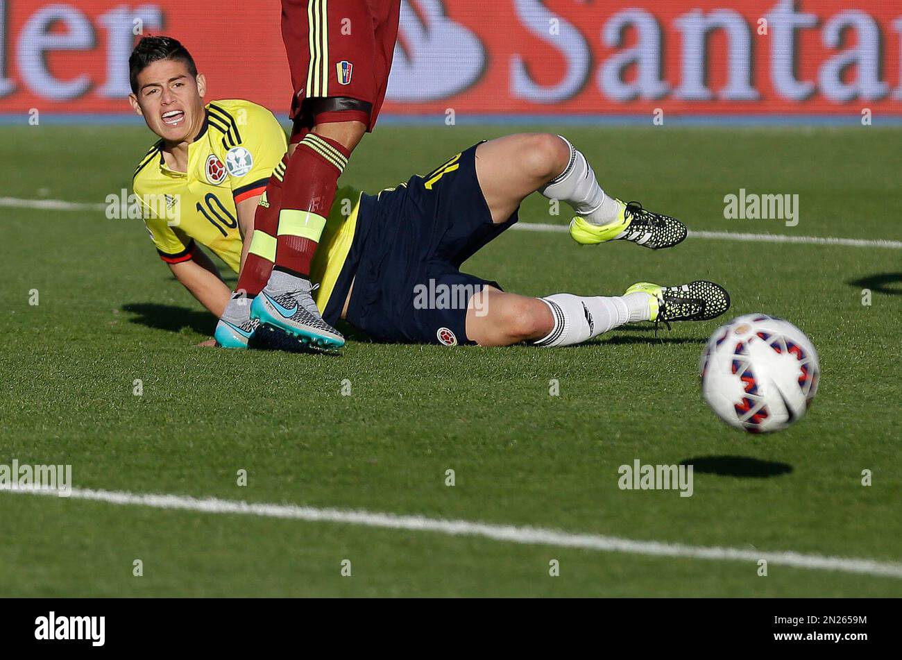 Colombia's James Rodriguez watches the ball go away after missing a ...