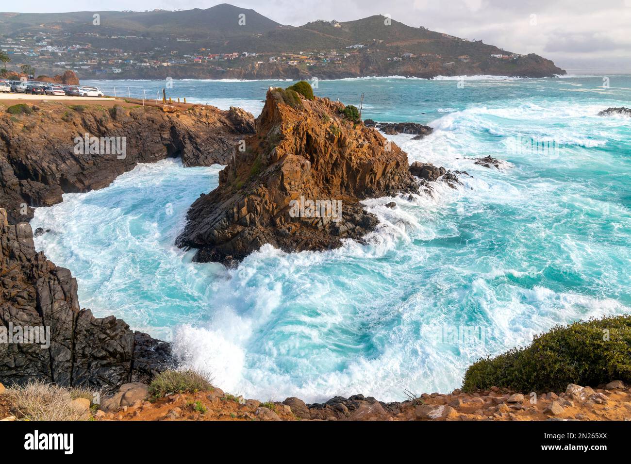 The rocky, scenic coastline along the Pacific Ocean at the cape of ...