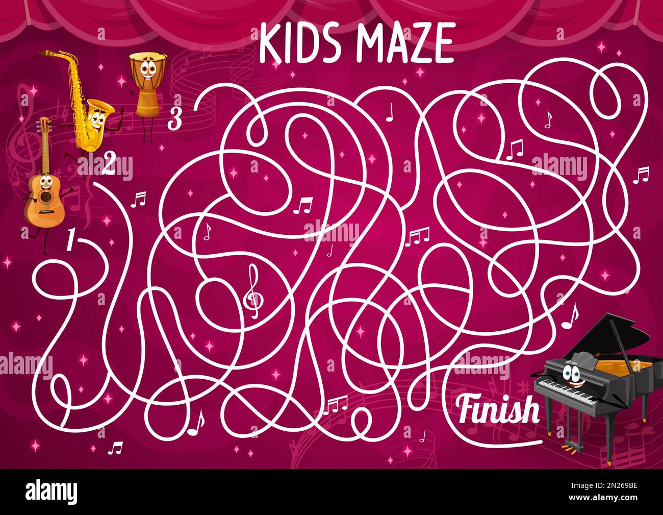 Labyrinth maze game. Cartoon musical instrument characters. Search path ...