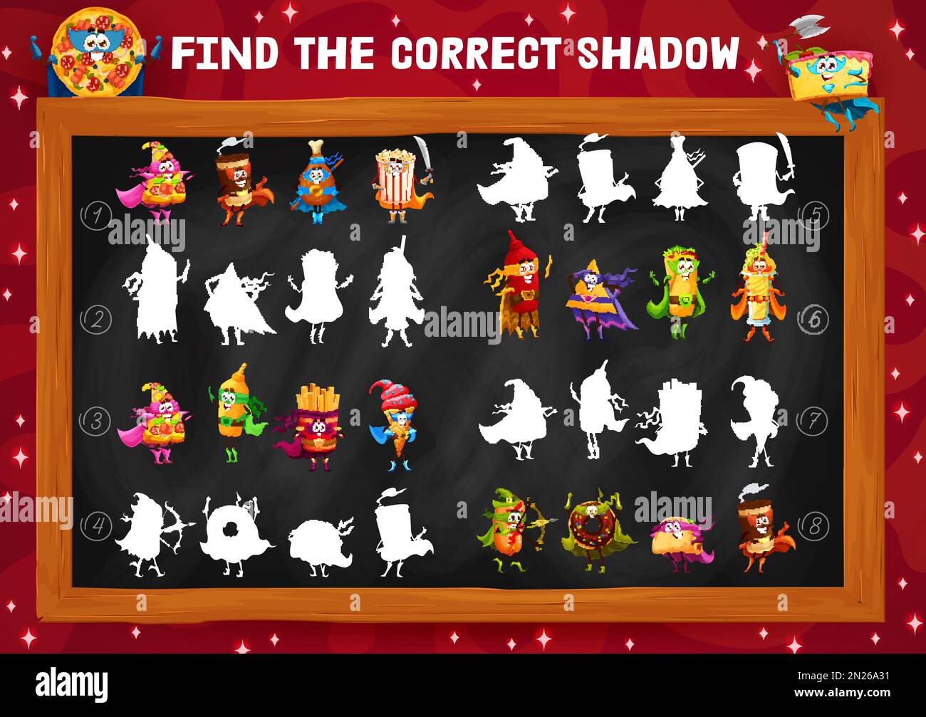 Find the correct shadow of fast food characters. Shadow match playing ...